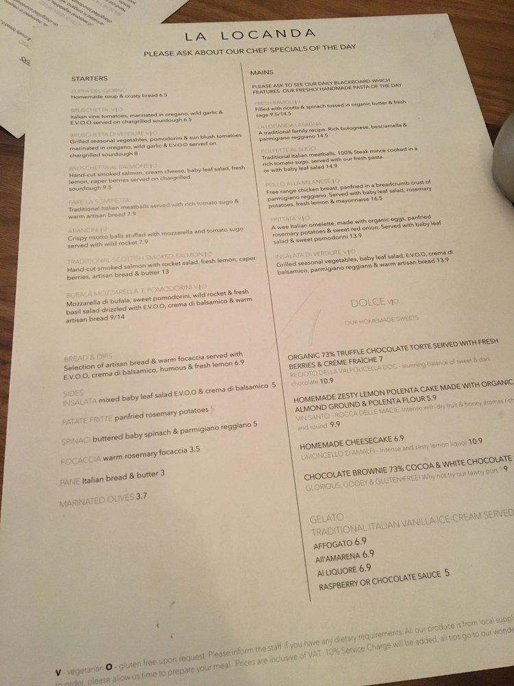 Menu at La Locanda Edinburgh restaurant, Edinburgh
