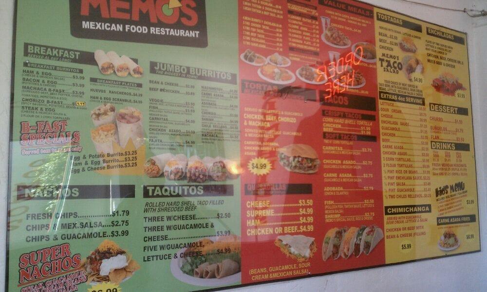 Menu at Memo's Mexican Restaurant, Everett