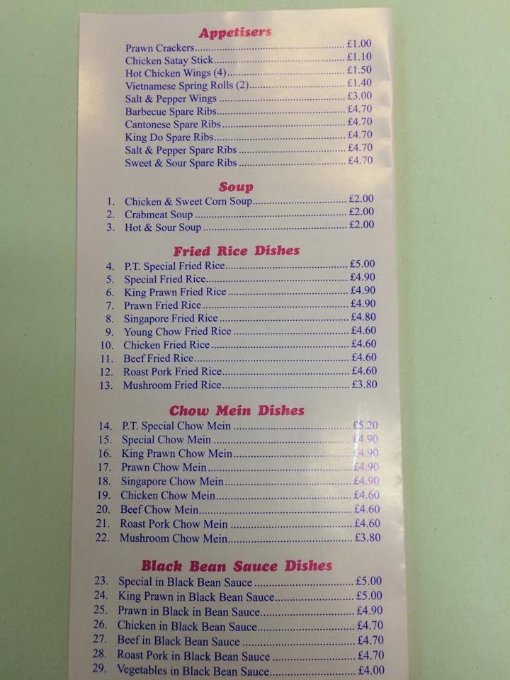 Menu at P.T.'s Chippy restaurant, Oldham