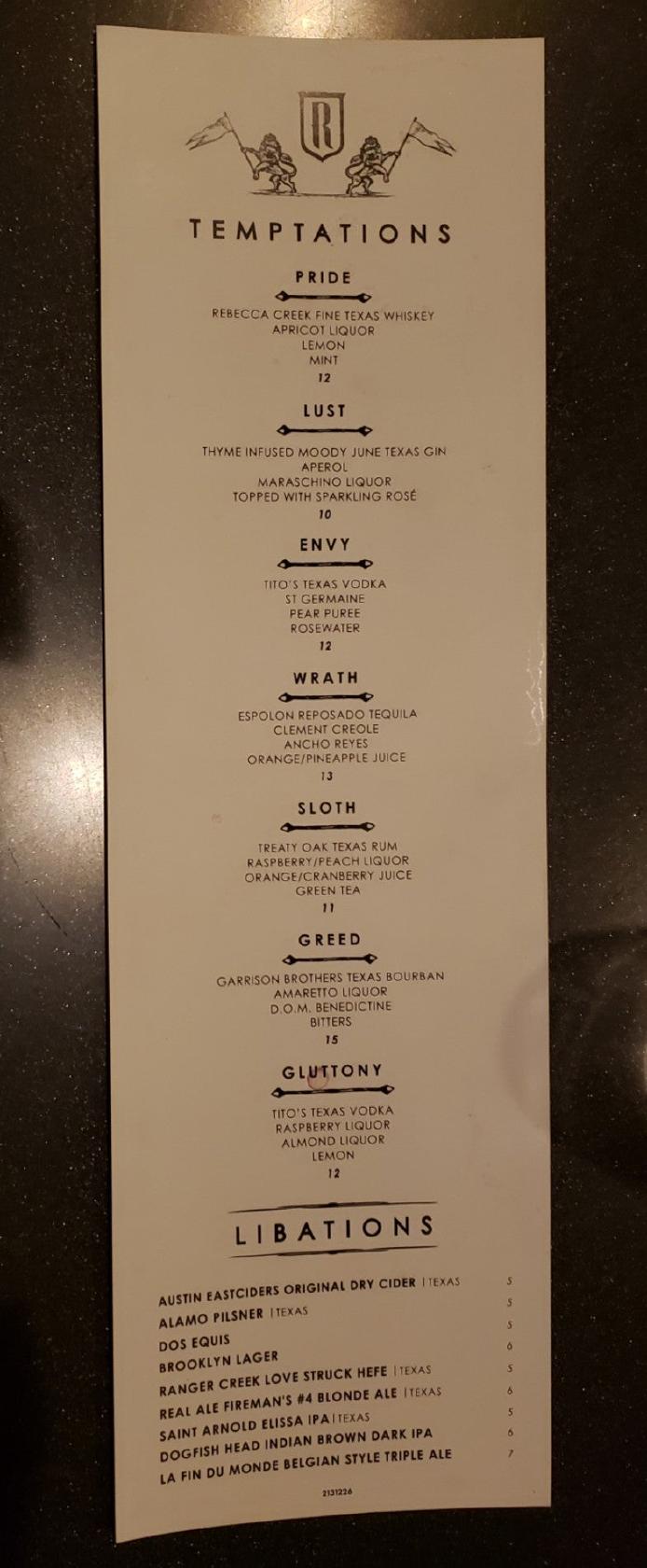 Menu at Rebelle steakhouse, San Antonio