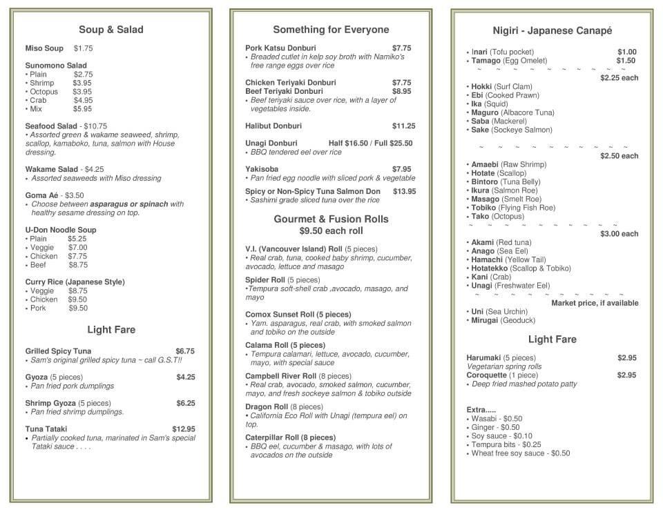 Menu at Sushi Kobo Takeout restaurant, Comox