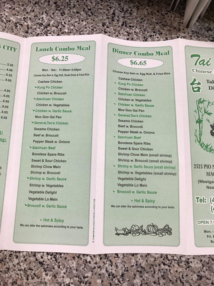 Menu at Taiwan Restaurant, Macon