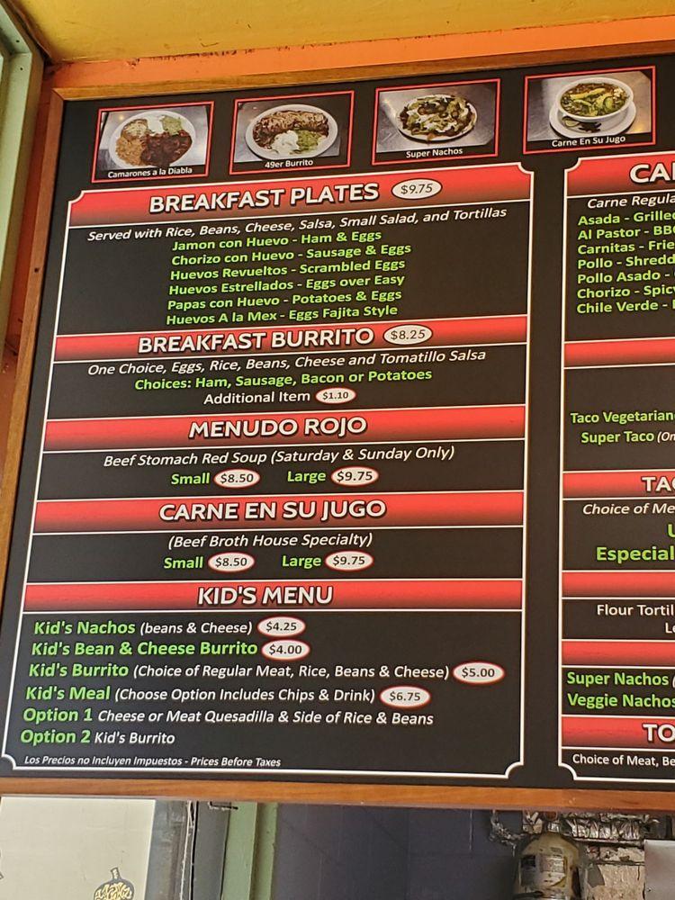 Menu at Taqueria Santa Cruz restaurant, Santa Cruz, Mission St
