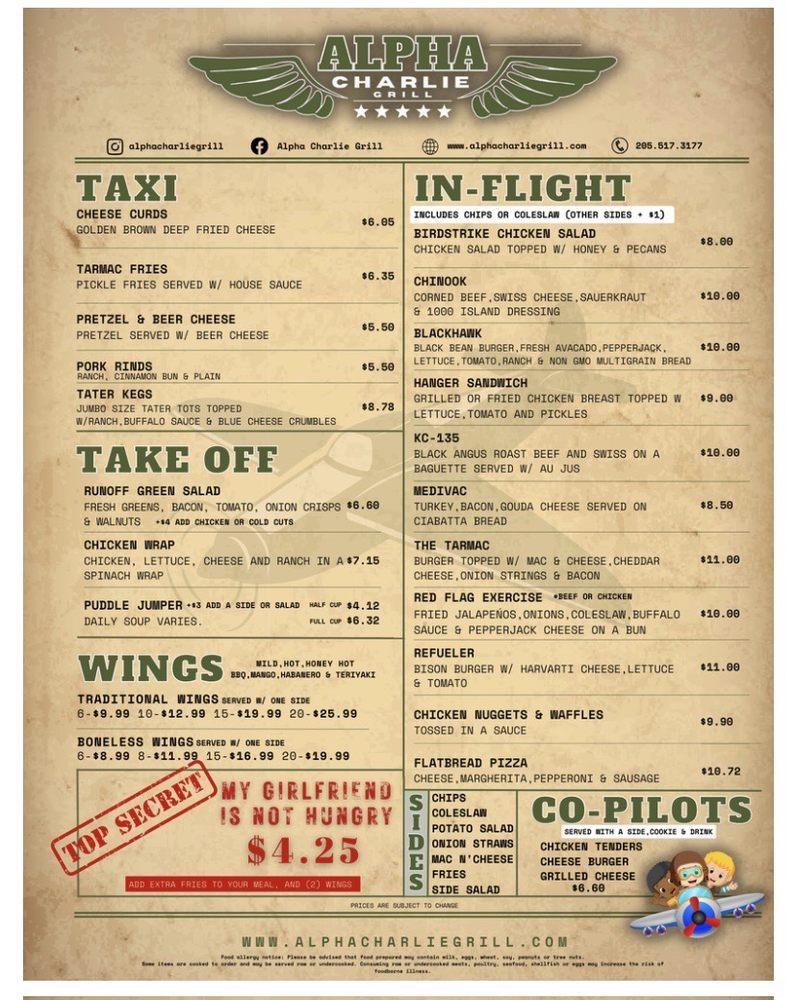 Menu at Alpha Charlie Grill cafe, Birmingham, E Lake Blvd