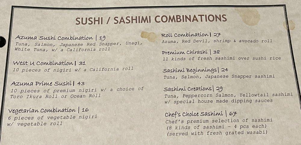 Carta del restaurante Azuma, Houston, Kirby Dr