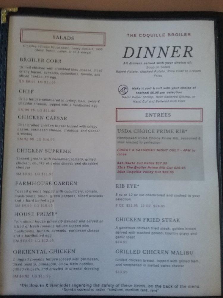Menu at Coquille Broiler pub & bar, Coquille