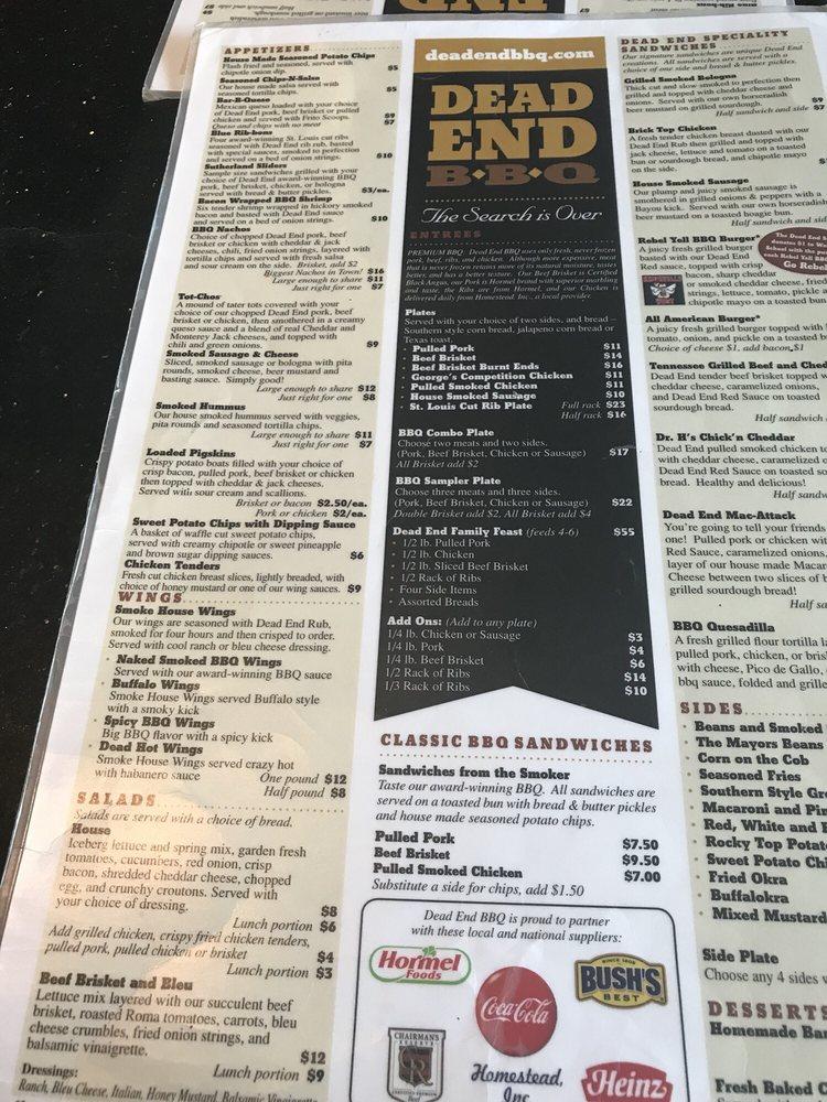 Menu at Dead End BBQ, Knoxville, Sutherland Ave