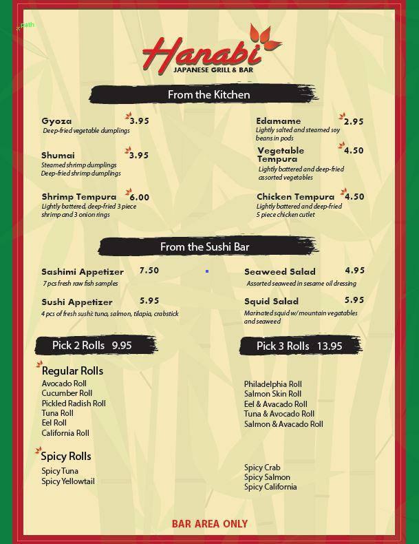 Menu at Hanabi Japanese Grill & Bar, Brandywine