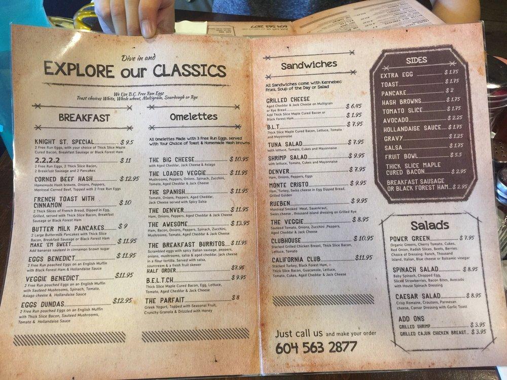 Menu at Knight Street Cafe, Vancouver