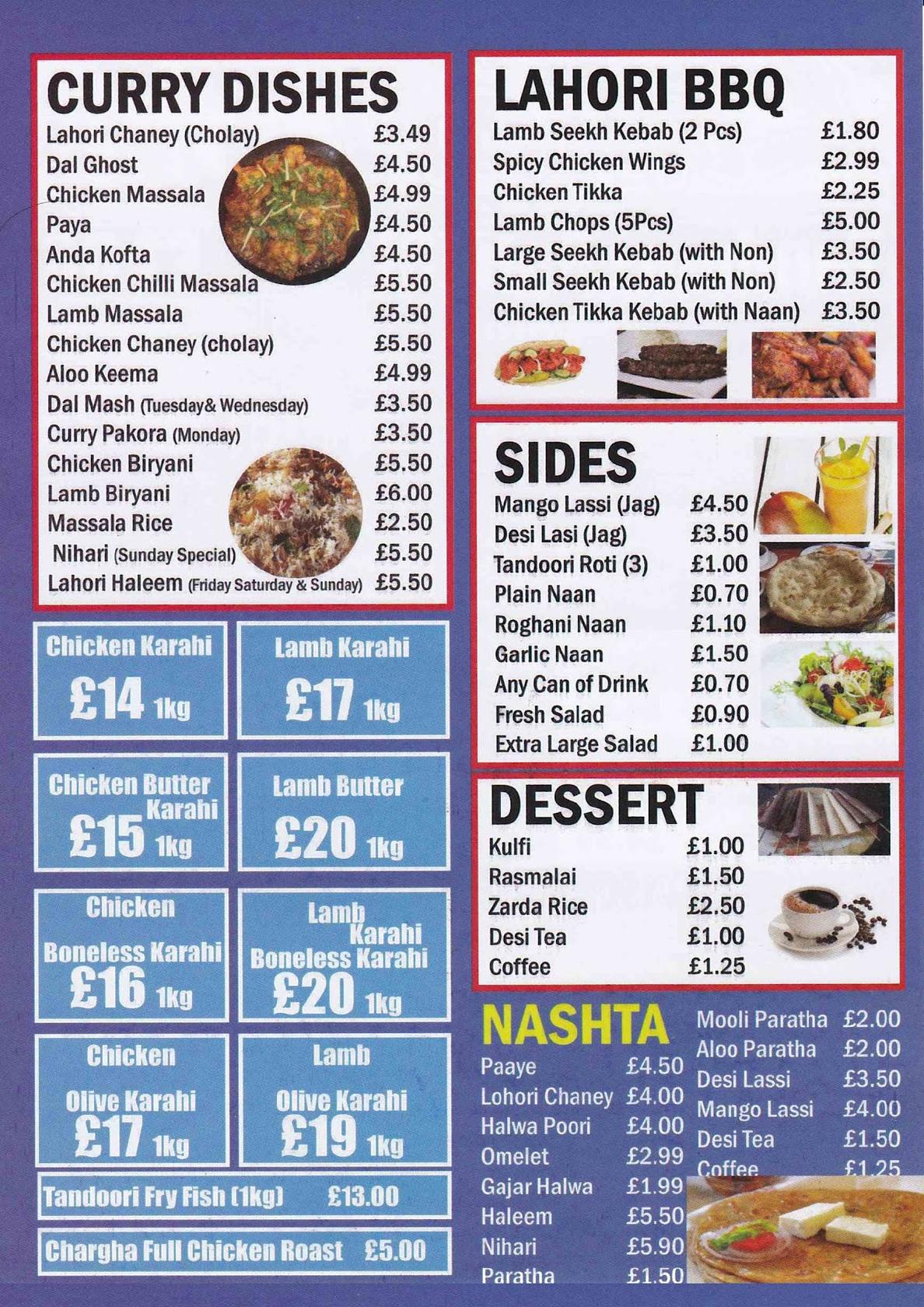 Menu at Lahori Nazara restaurant, Manchester