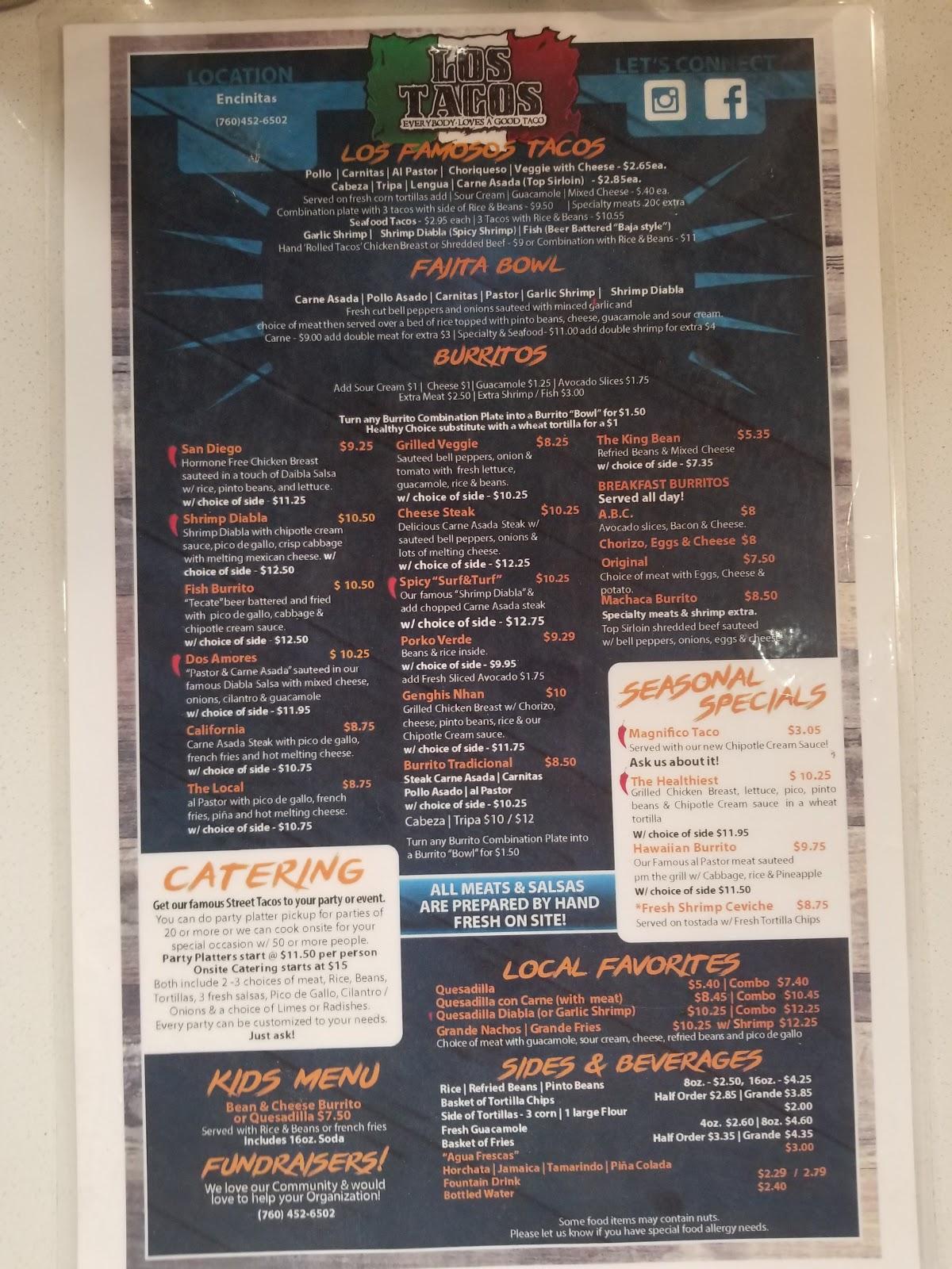 Menu at Los Tacos restaurant, Encinitas
