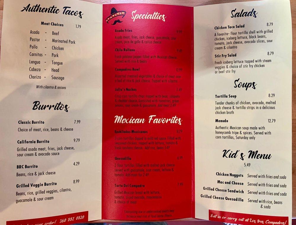 Menu at Los Tres Compadres restaurant, Kingston