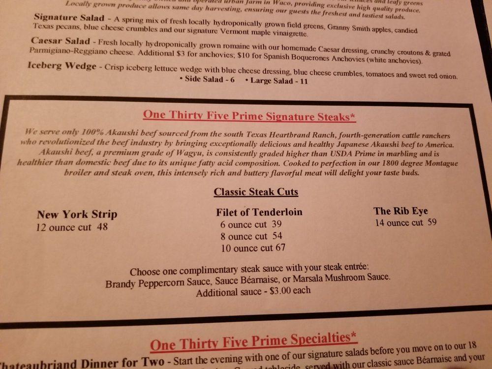 Menu at One Thirty Five Prime steakhouse, Waco