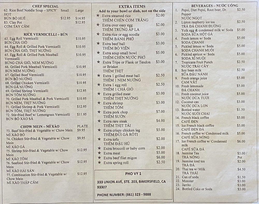 Menu at Pho Vy Restaurant, Bakersfield, 333 Union Ave