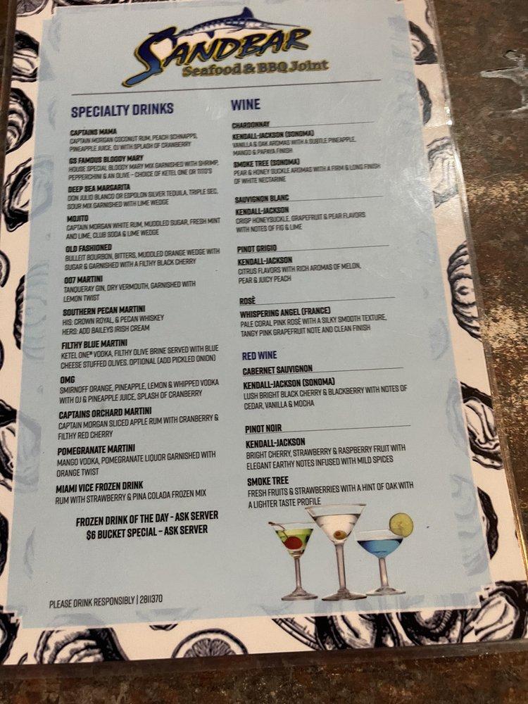 Menu at Sandbar, Panama City Beach