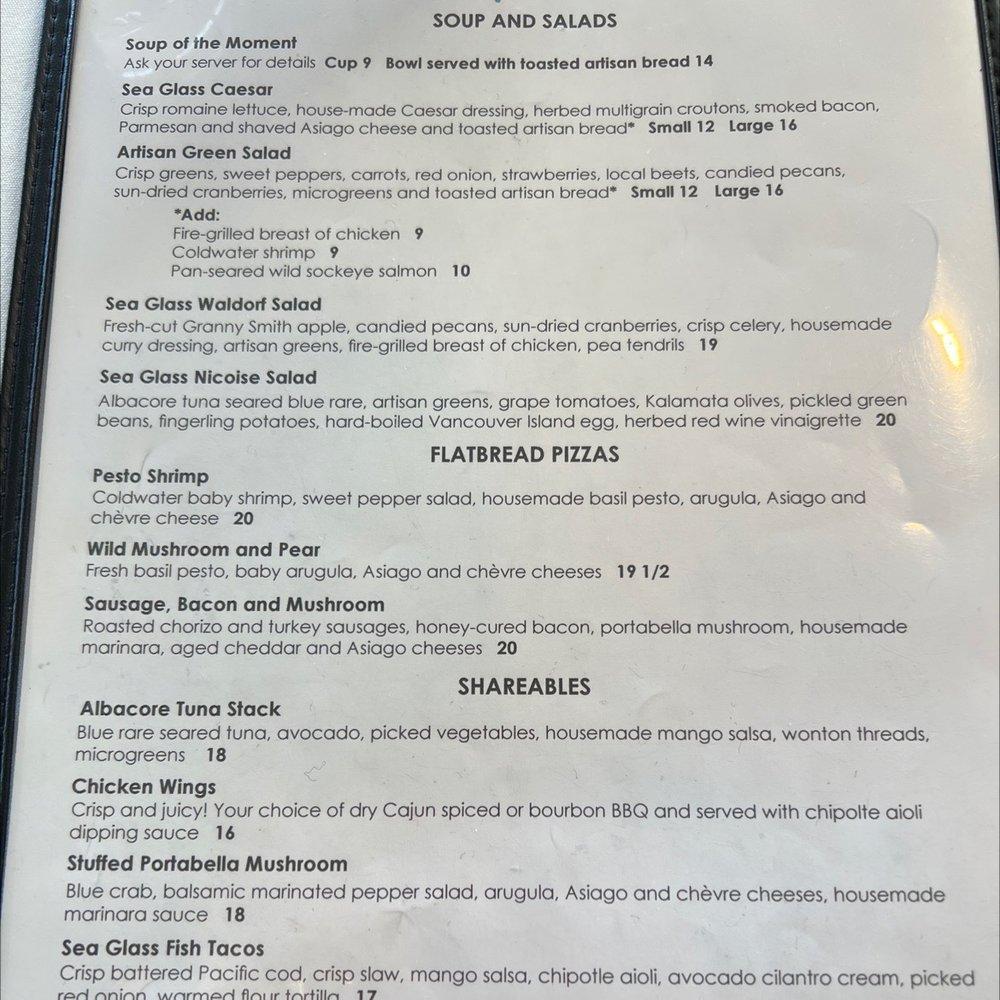 Menu at Sea Glass Waterfront Grill restaurant, Sidney