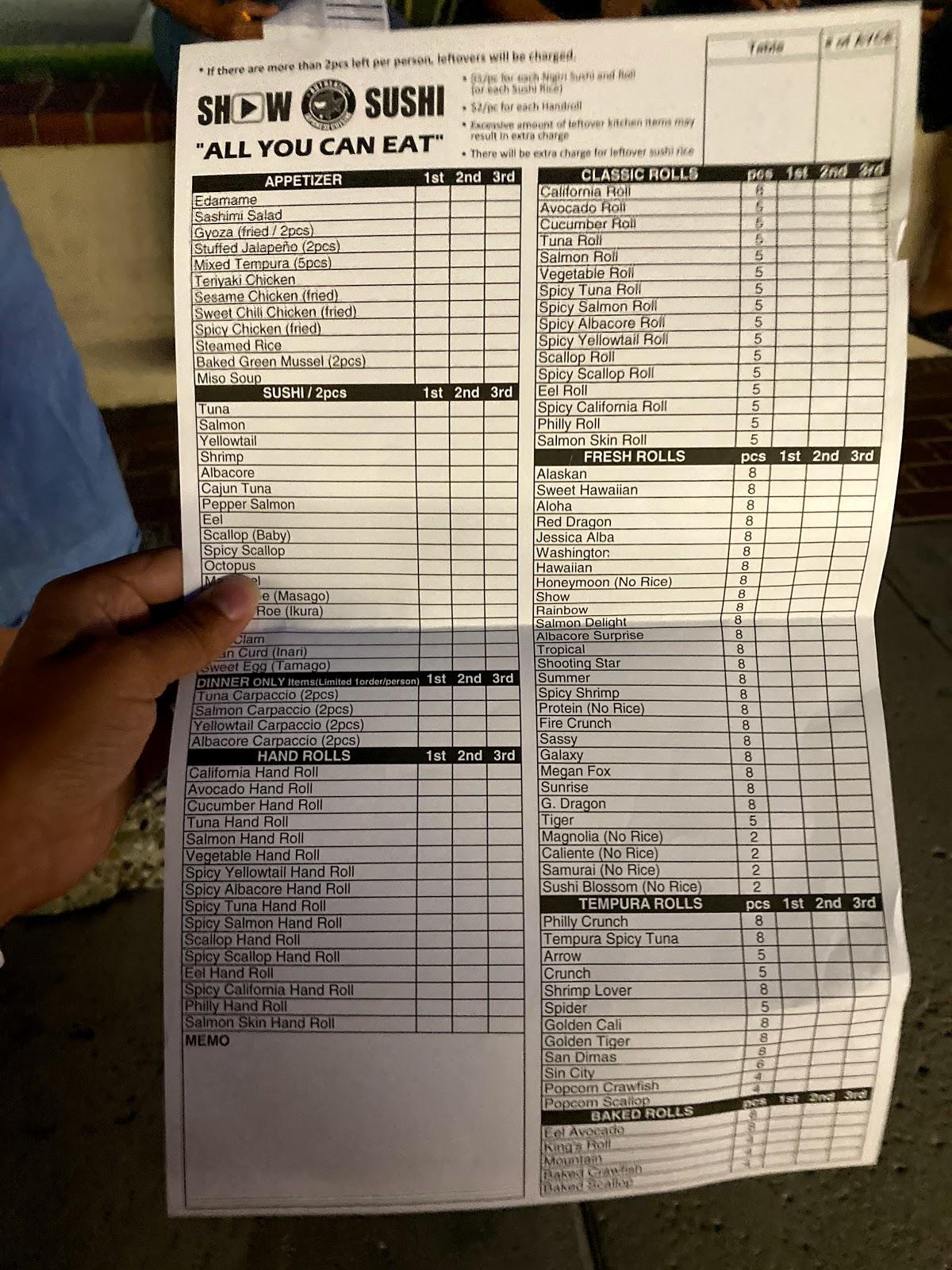 Menu at Show Sushi restaurant, San Dimas