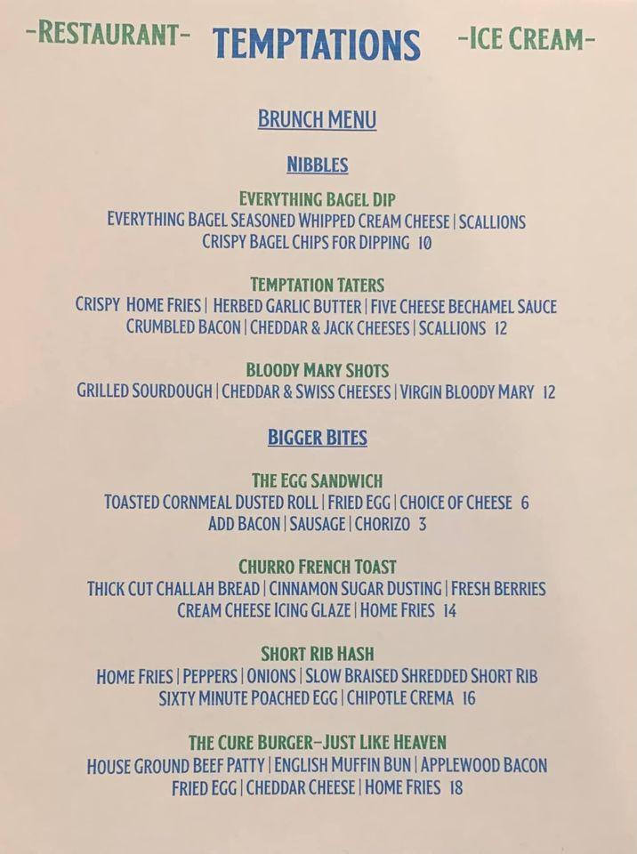 Menu at Temptations Cafe, Nyack