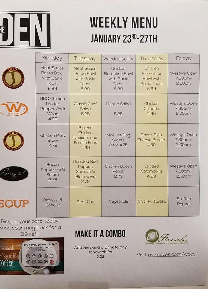 Menu at AVI Fresh at WCCC cafeteria, Youngwood