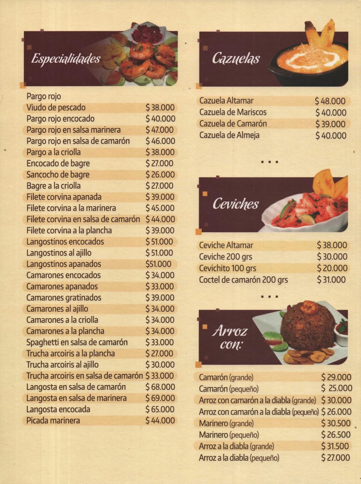 Menu at Altamar Restaurante y Heladería, Pasto