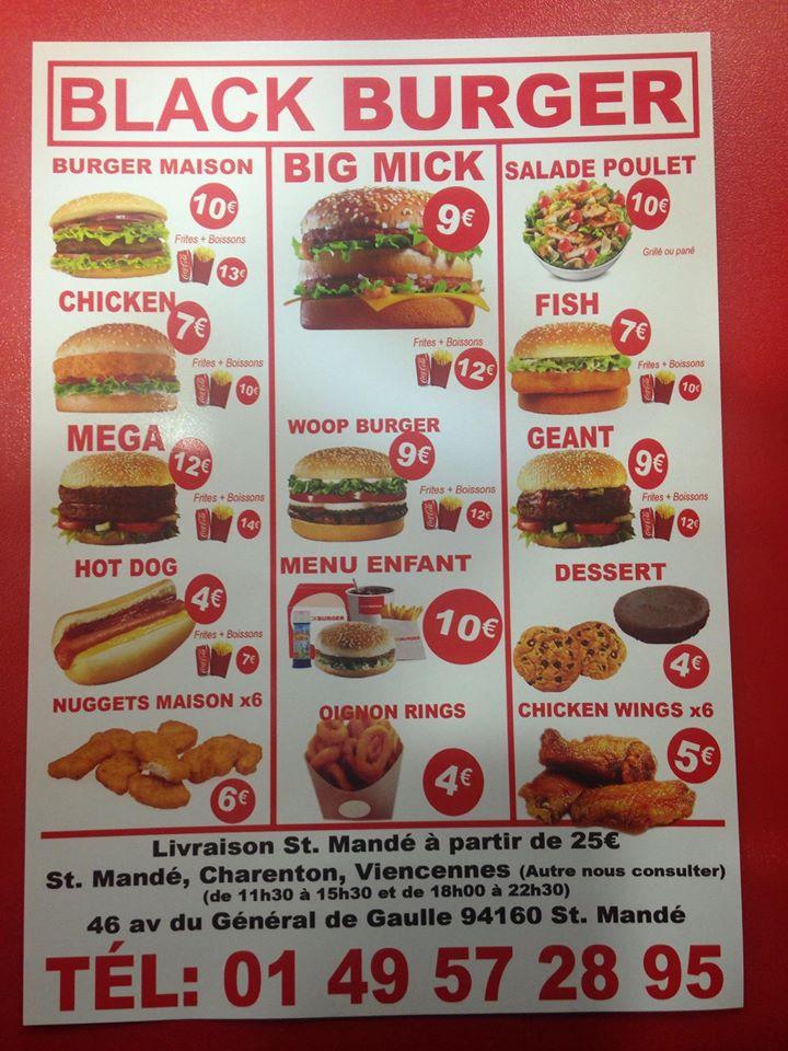 Menu at Black Burger restaurant, Paris, 46 avenue du général de Gaulle
