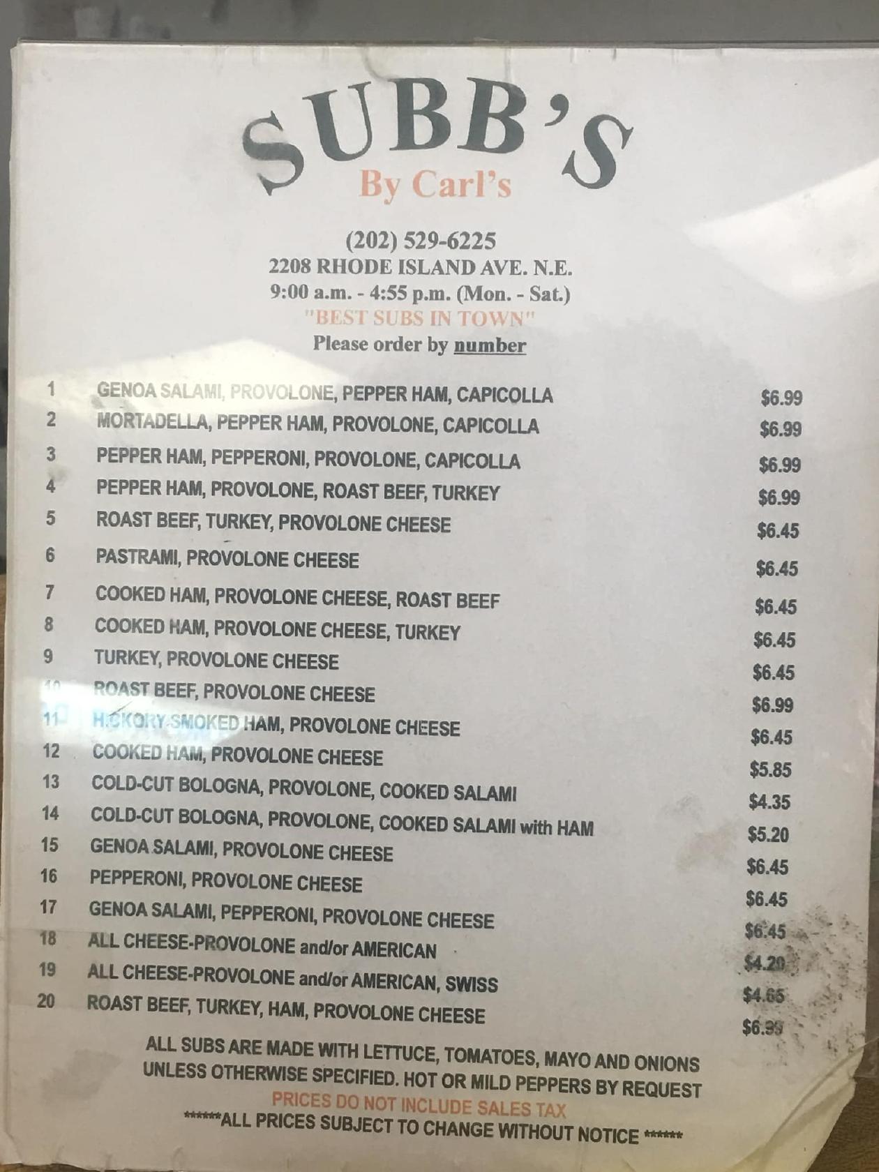 Menu at Subbs by Carl restaurant, Washington