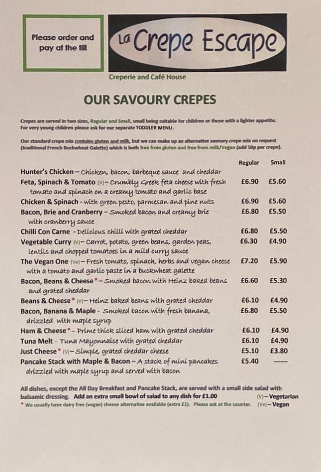 Menu at La Crepe Escape cafe, Princes Risborough