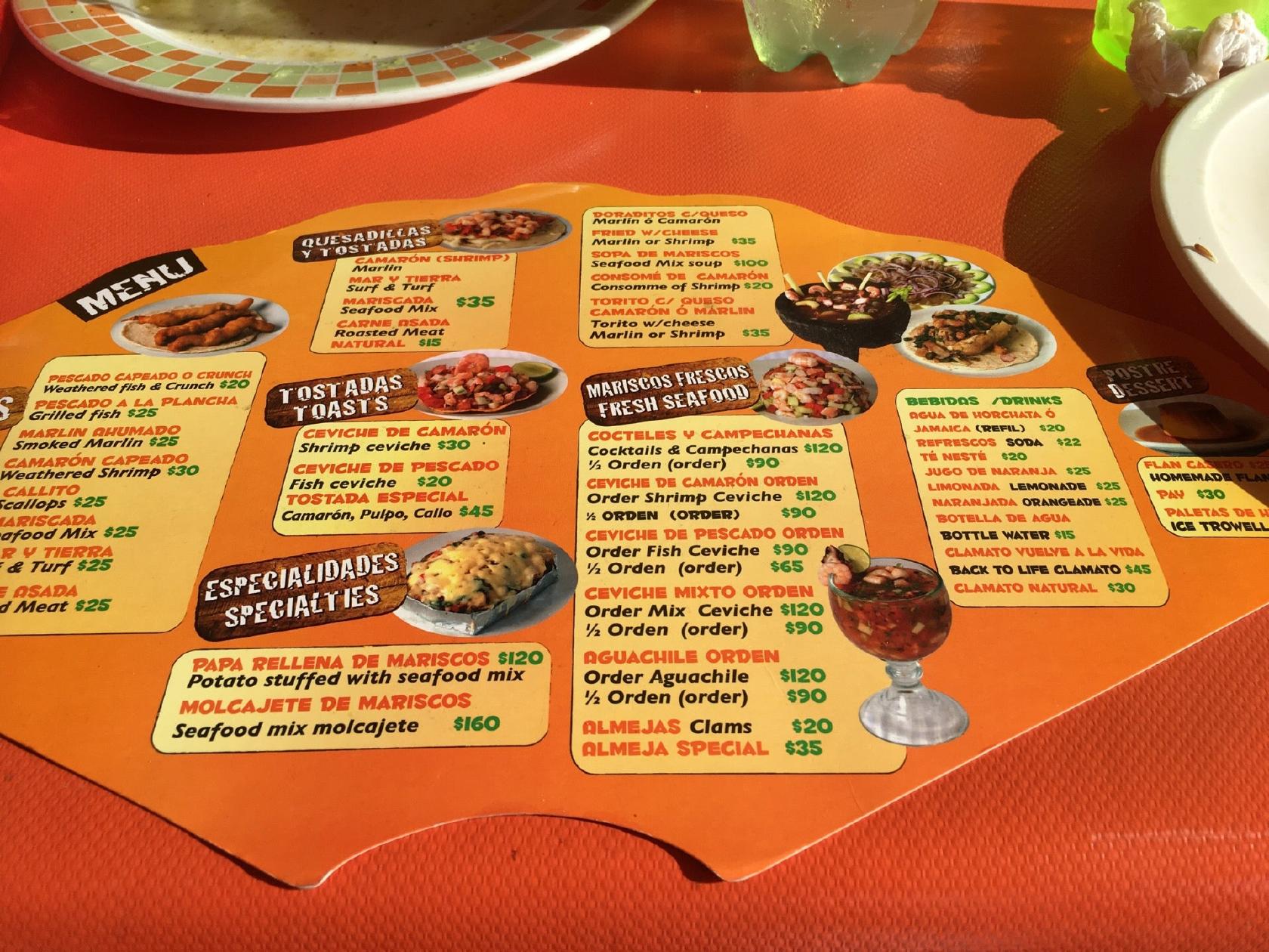Menu at Los Claros restaurant, Cabo San Lucas, Ignacio Zaragoza