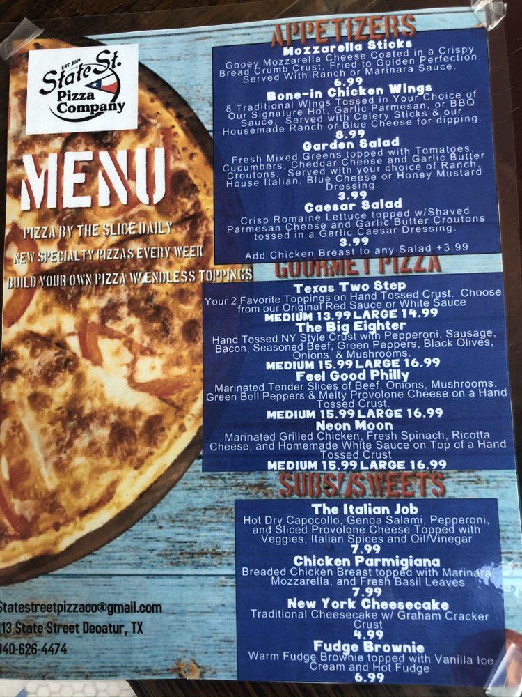Carta de pizzería State Street Pizza Company, Decatur