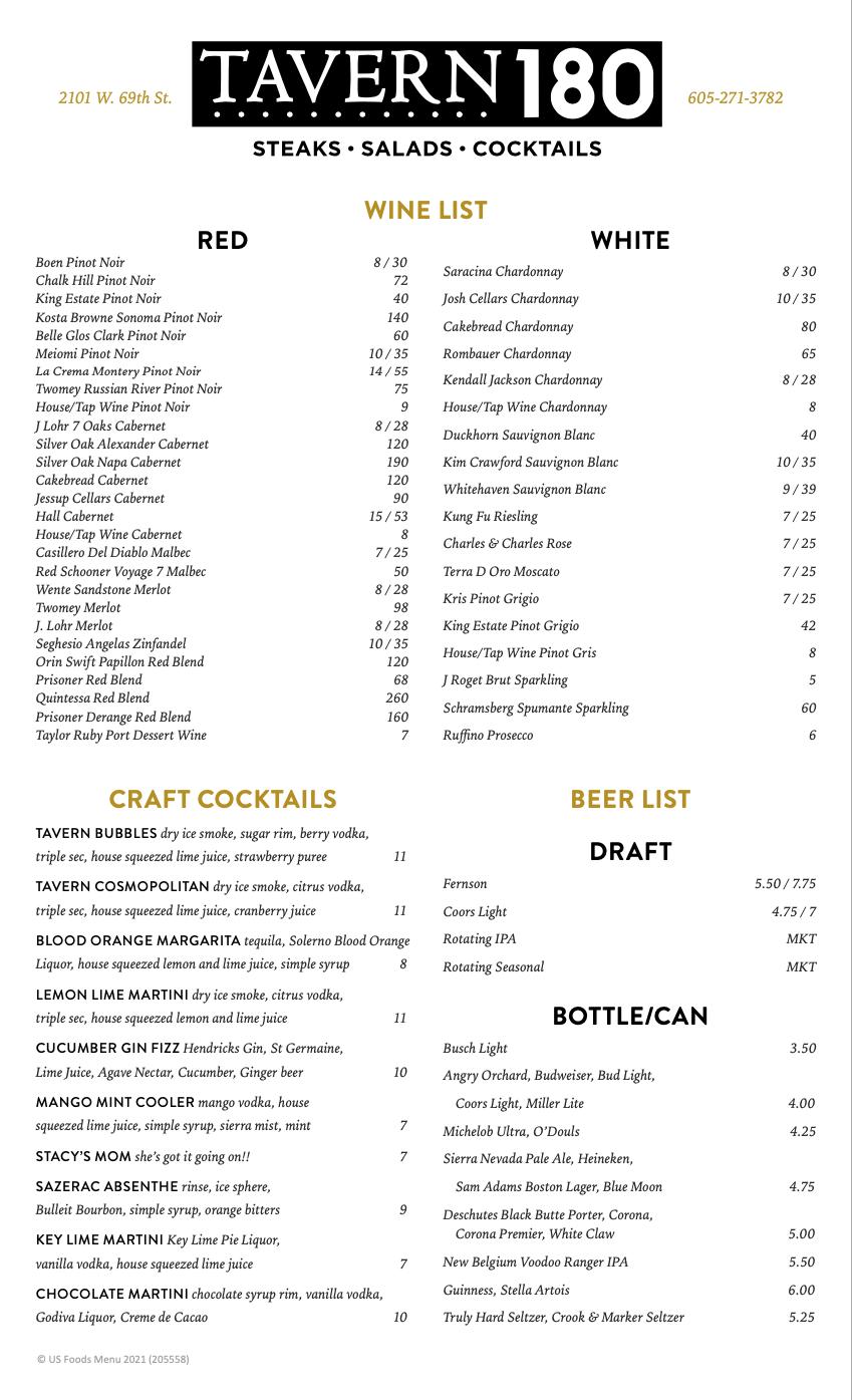 Menu at Tavern 180 pub & bar, Sioux Falls