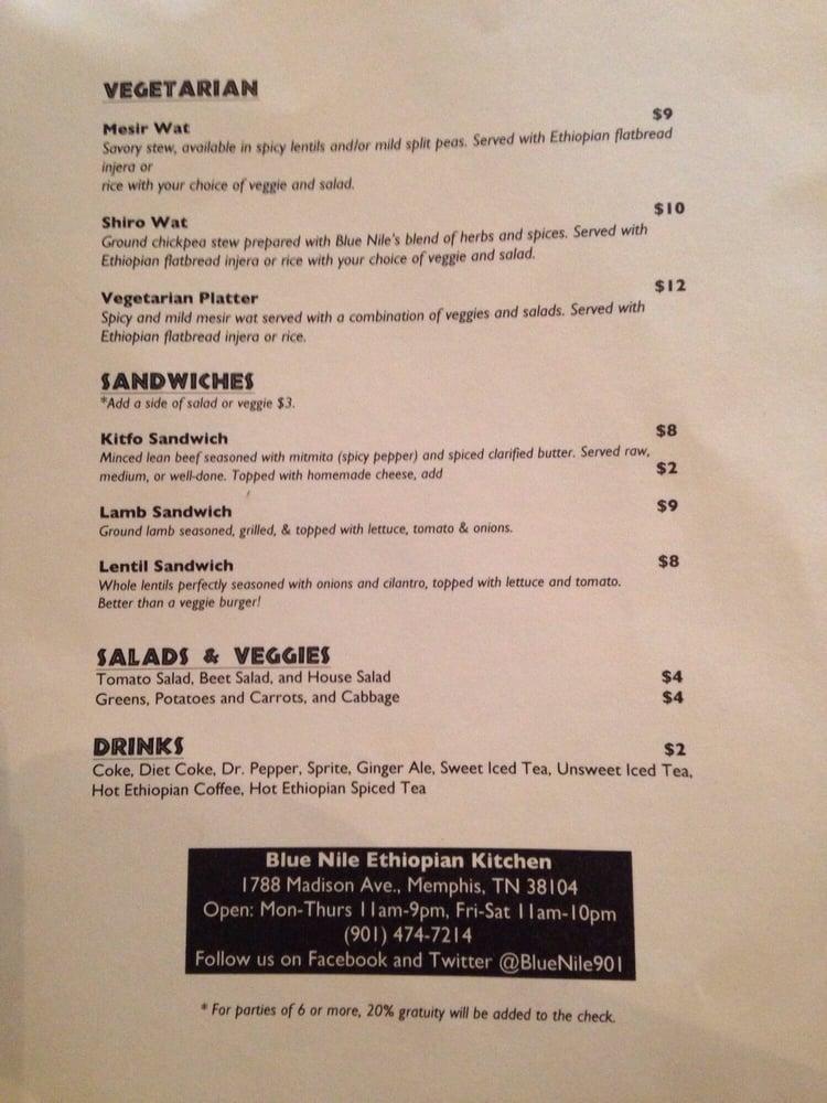 Menu at Blue Nile restaurant, Memphis