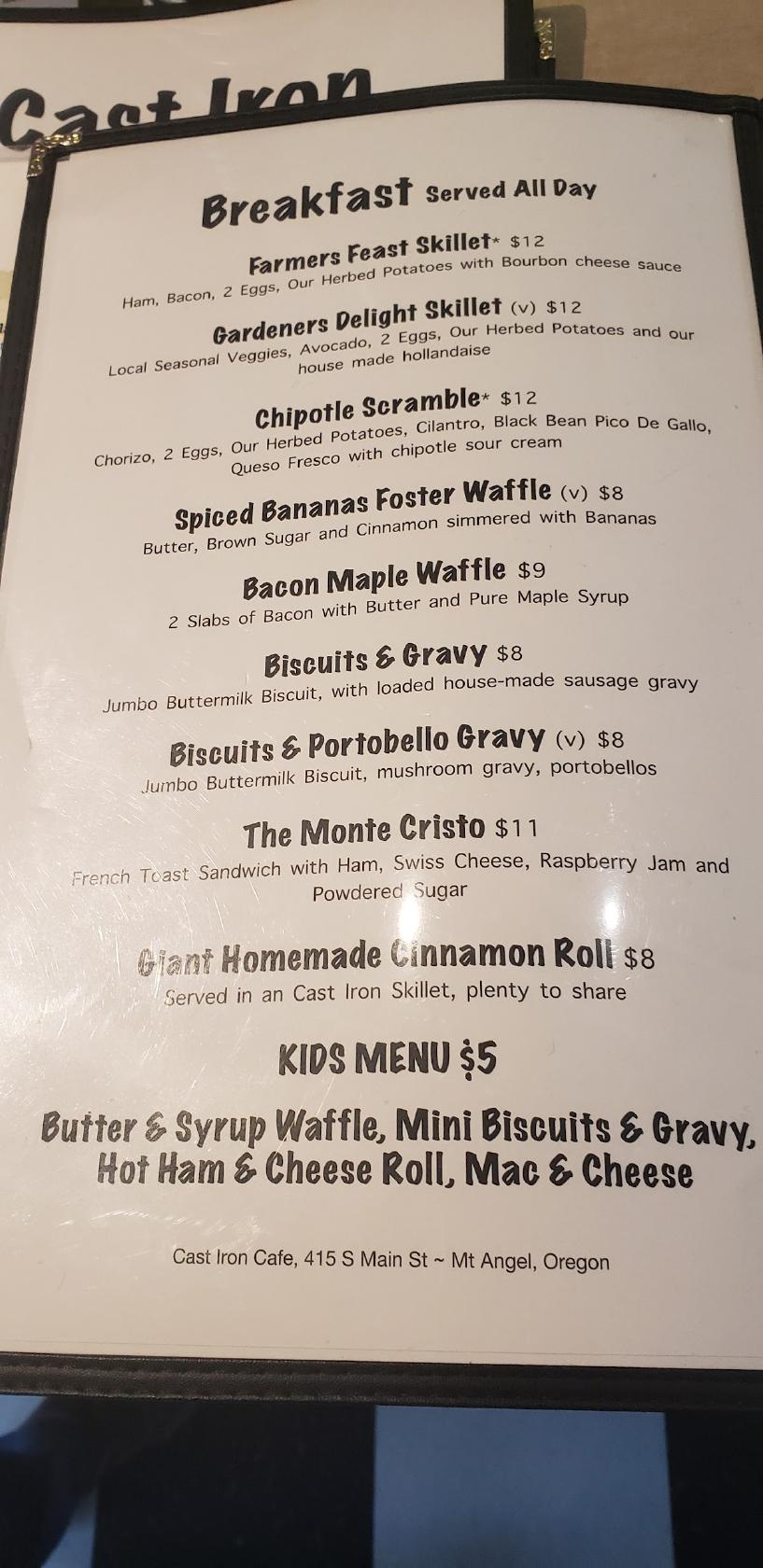 Carta de Cast Iron Cafe, Mount Angel