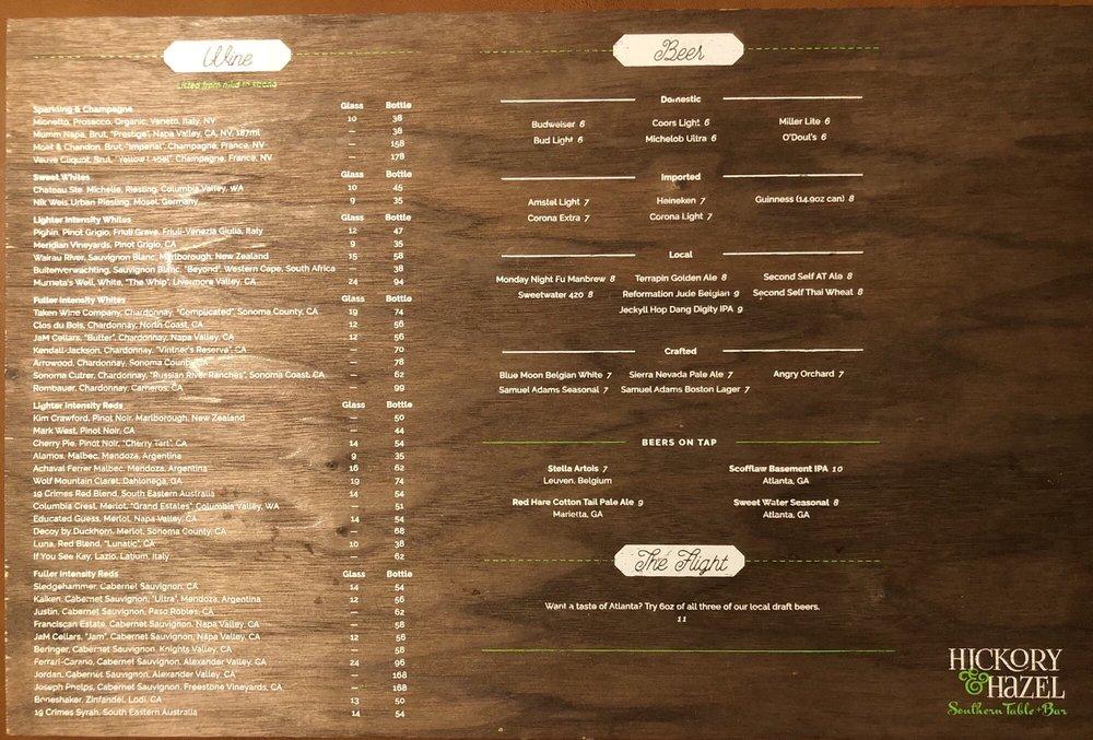 Menu at Hickory and Hazel, Renaissance Hotel pub & bar, Atlanta