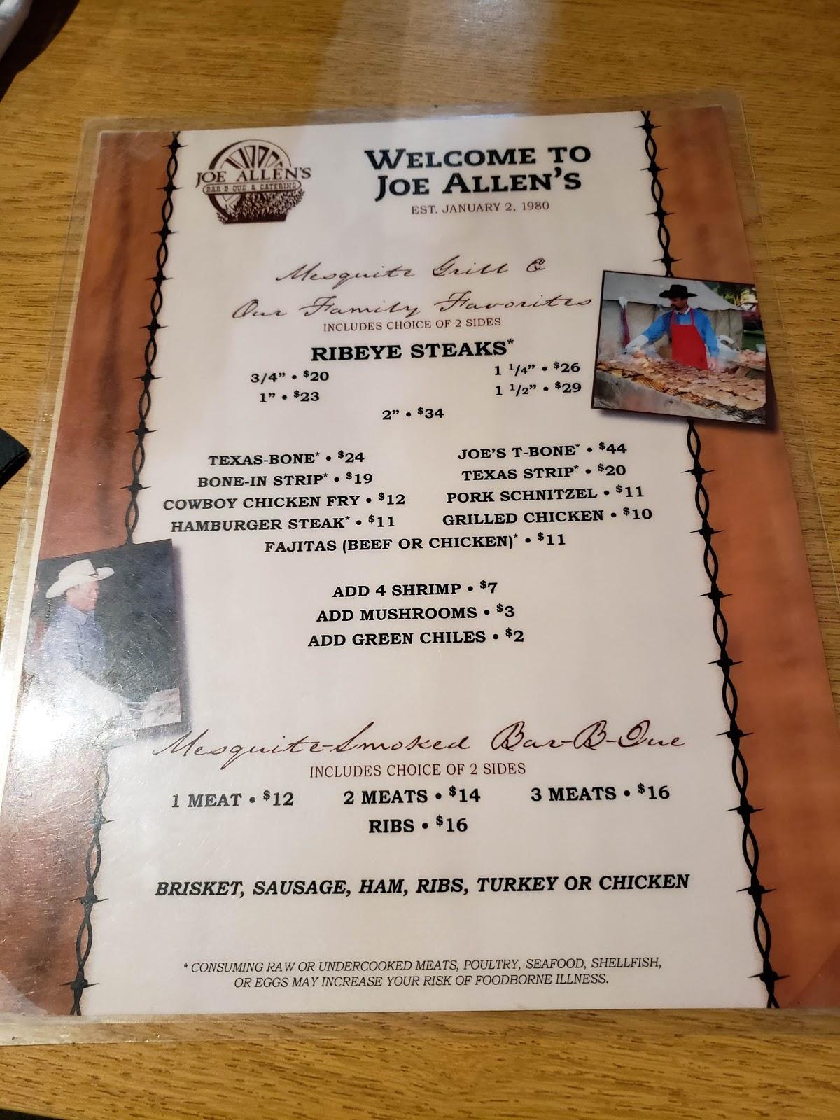 Menu at Joe Allen's Pit Bar-B-Que, Abilene