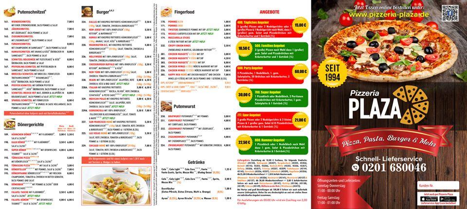 Menu at Pizzeria Plaza, Essen