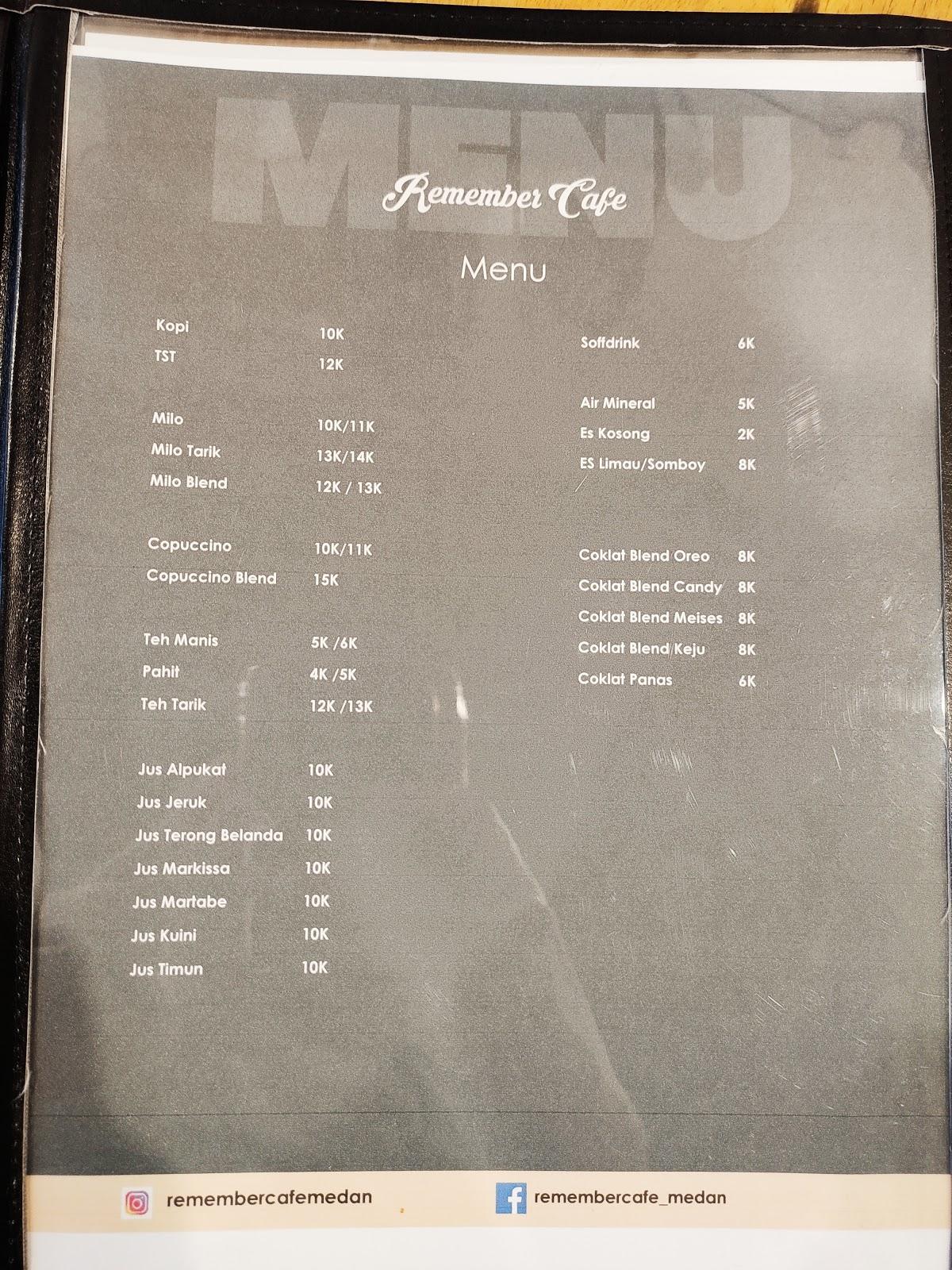 Menu at RememberCafe, Medan