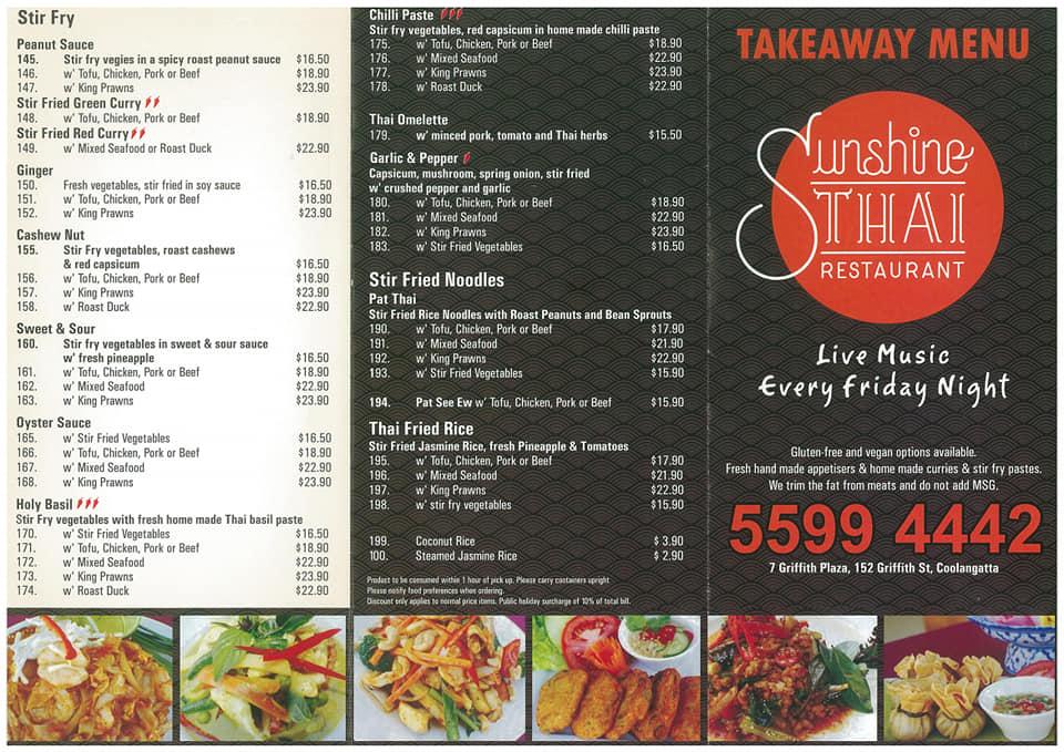 Menu at Sunshine Thai Restaurant, Coolangatta