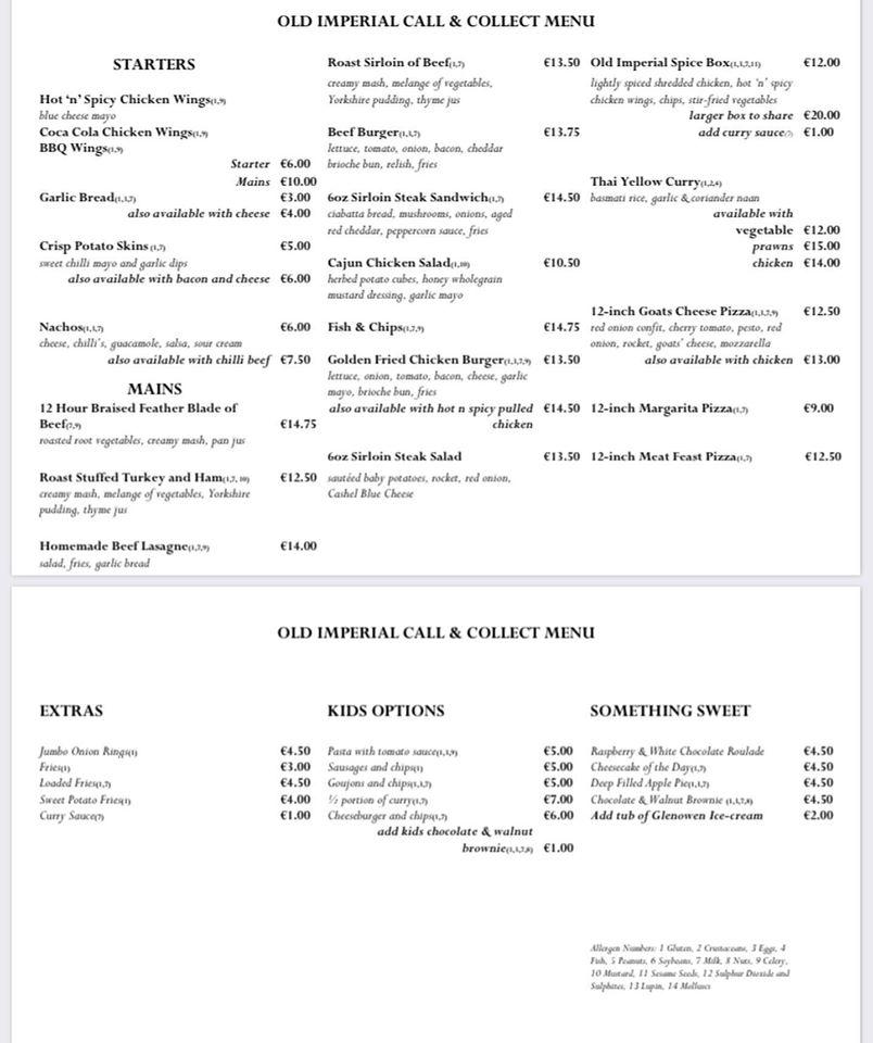 Menu at The Old Imperial Hotel pub & bar, Youghal