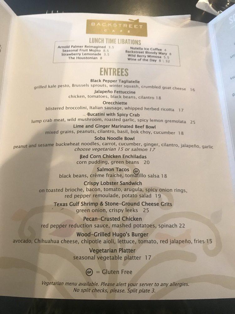 Carta de Backstreet Cafe, Houston