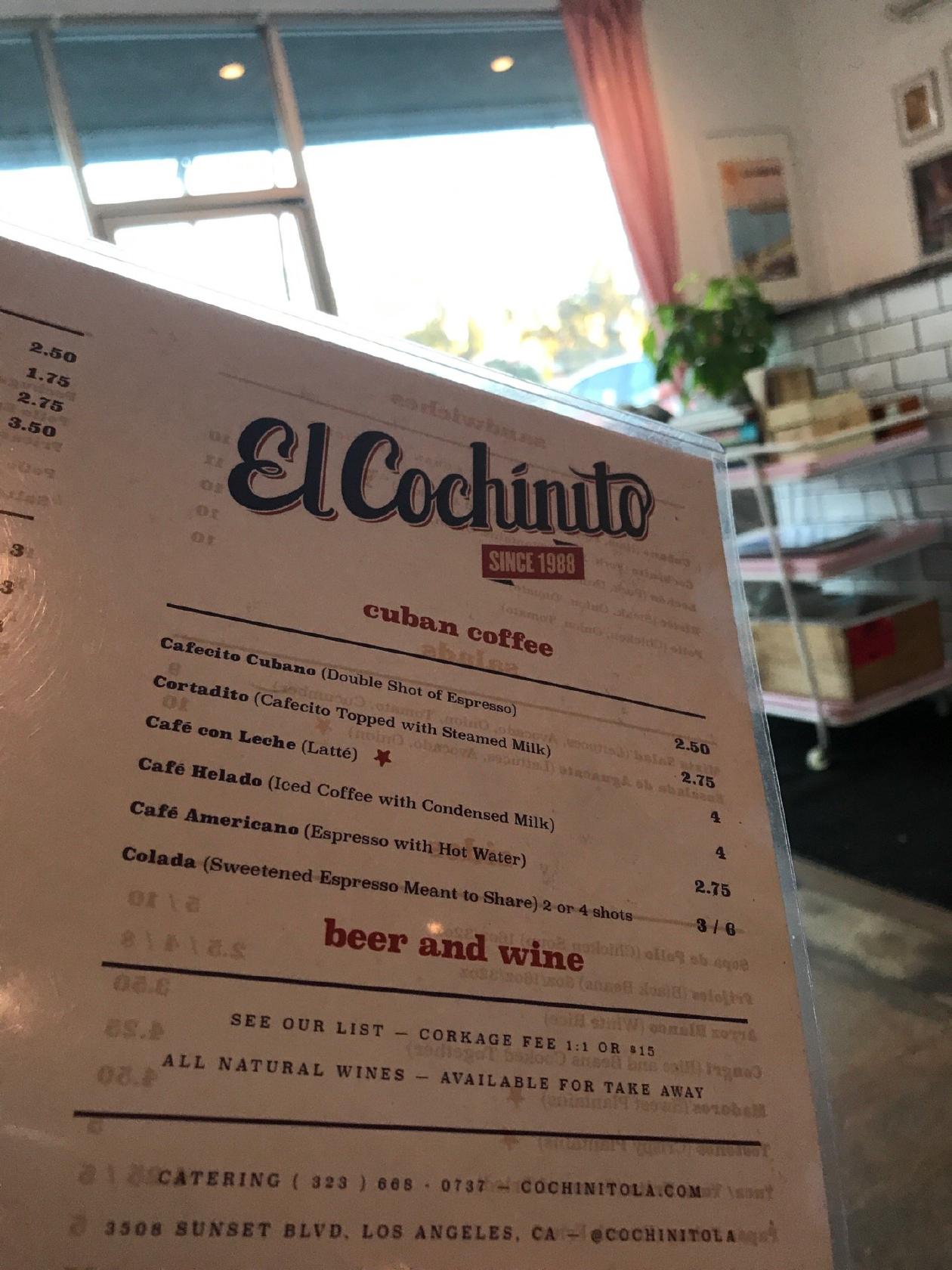 Menu at El Cochinito restaurant, Los Angeles