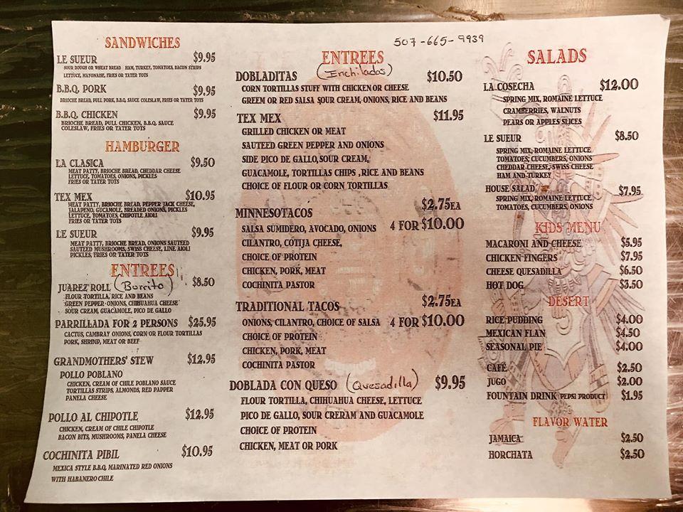 Menu at El Tenampa restaurant, Le Sueur