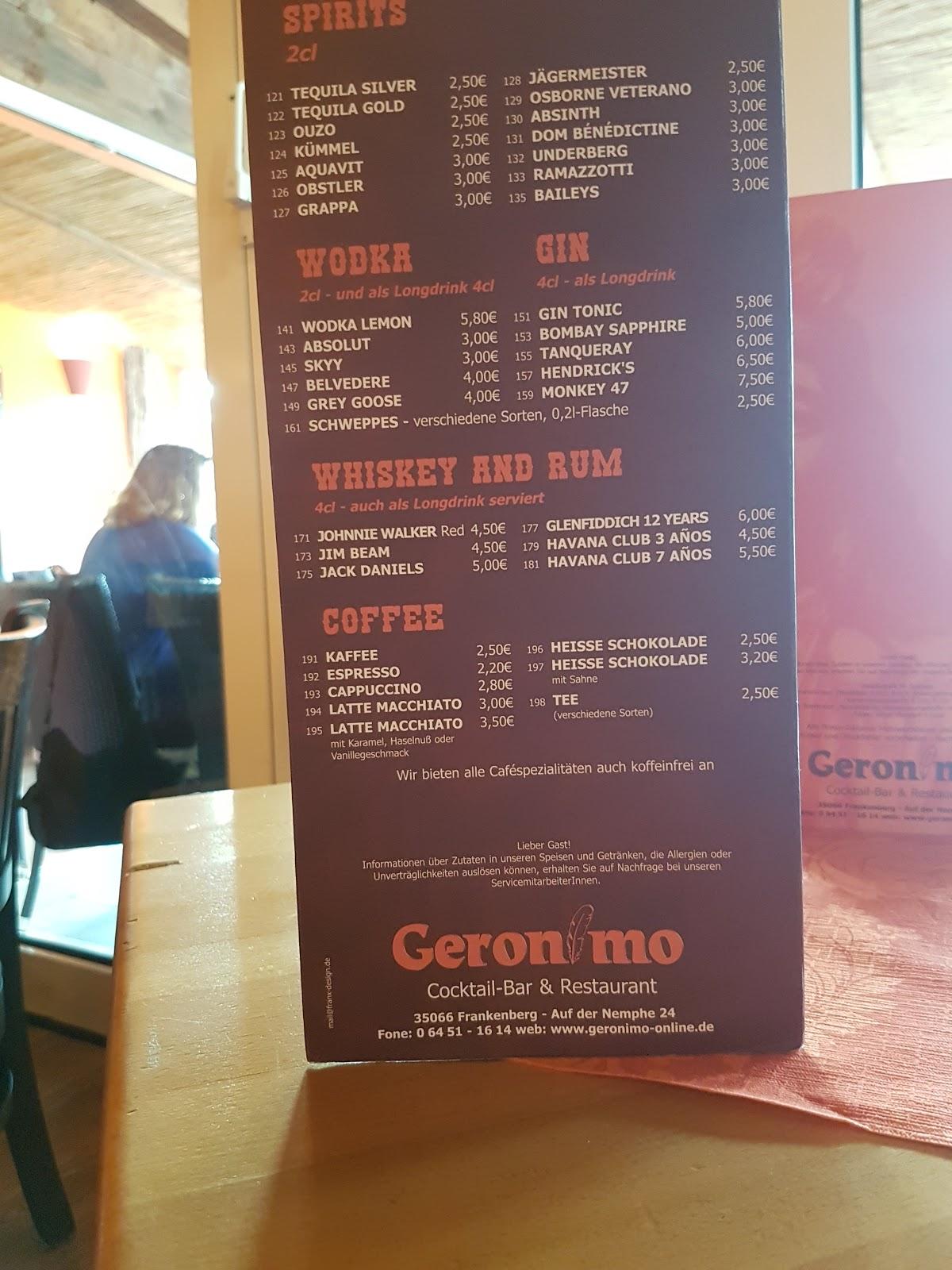 Speisekarte von Geronimo Restaurant & Cocktailbar, Frankenberg (Eder)