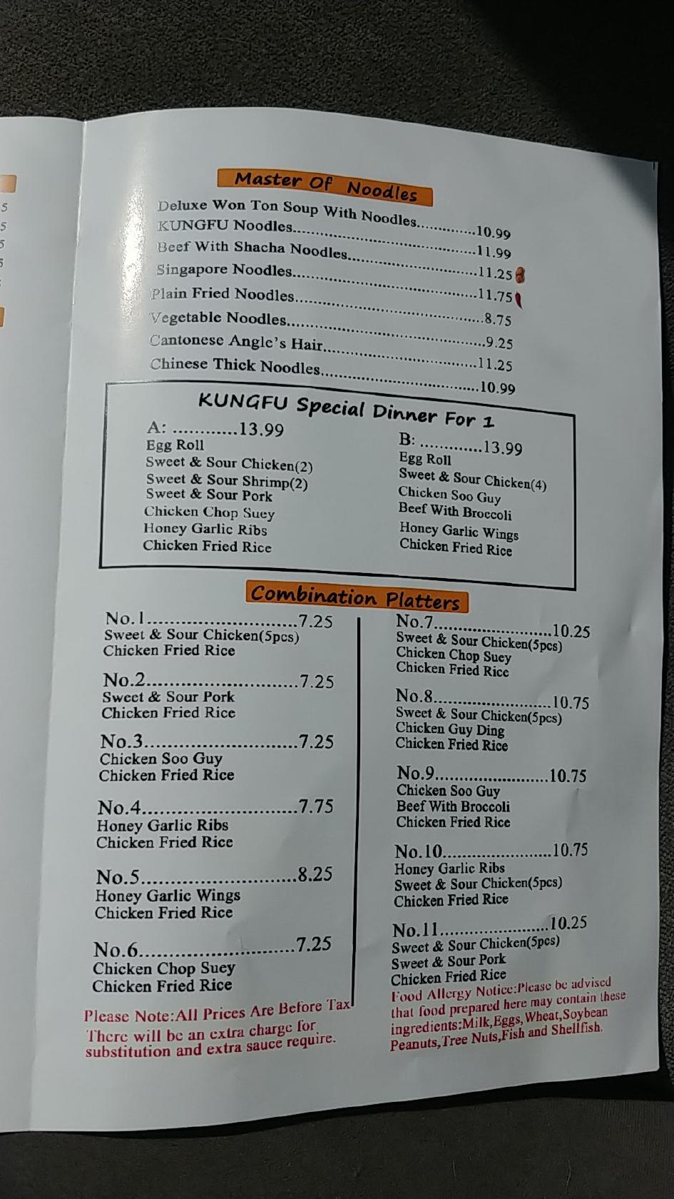 Menu at Kung Fu Chinese Restaurant, St. John's