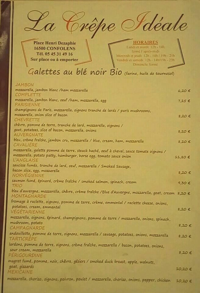 Menu au La Crêpe Idéale restaurant, Confolens