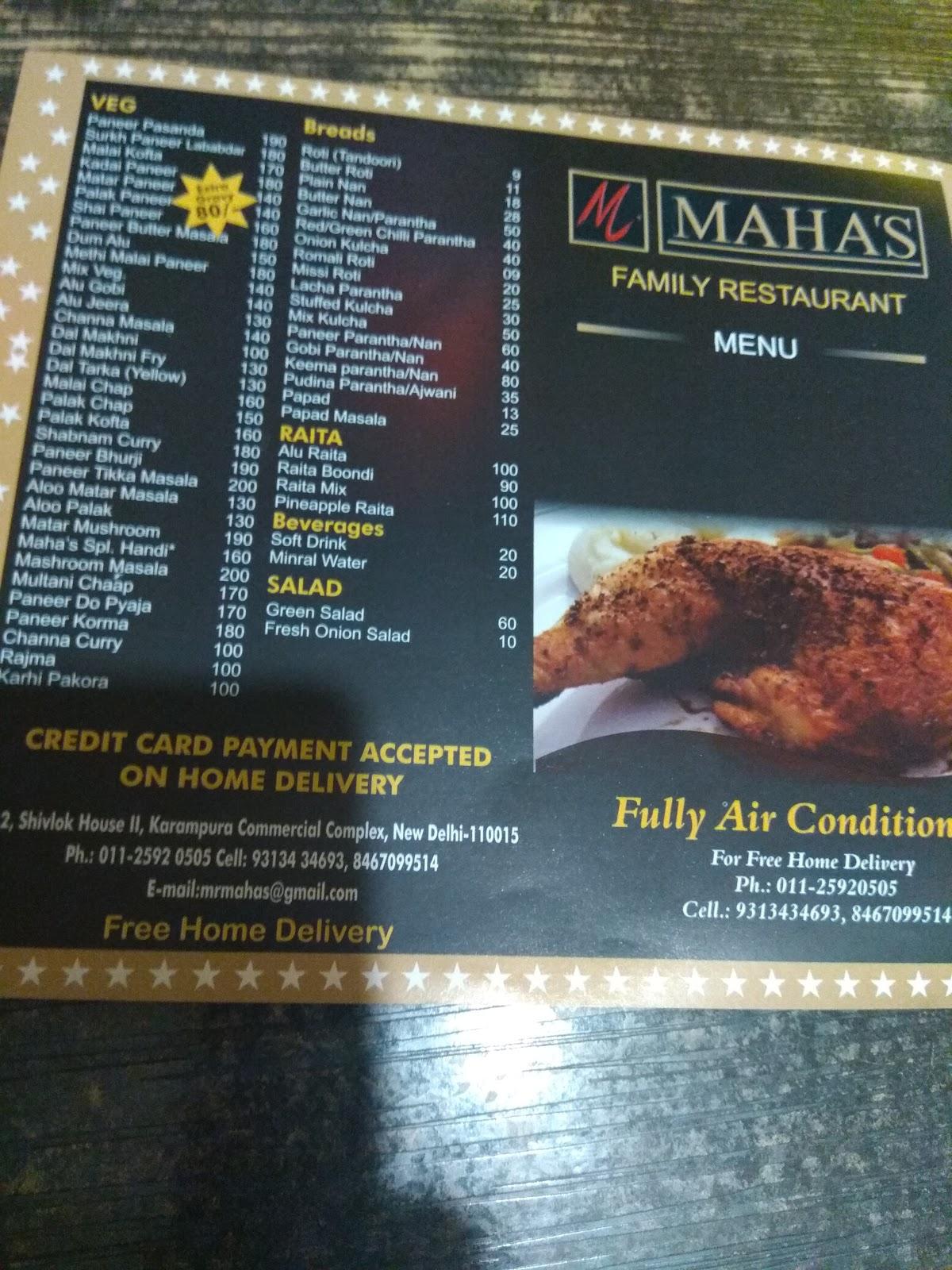 Menu at Maha's Restaurant Karampura, Delhi