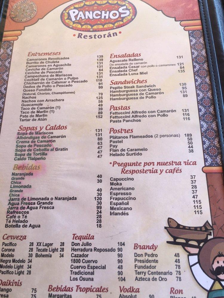 Menu at Pancho's Restaurant, Mazatlán, Av. Gaviotas 408