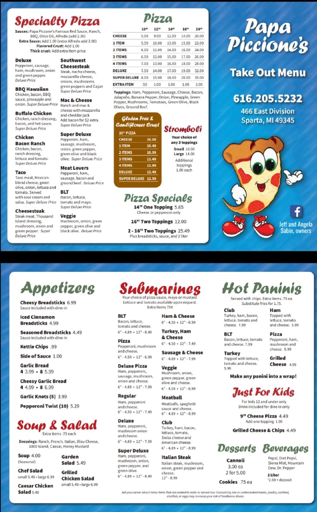 Menu at Papa Picciones Of Sparta pizzeria, Sparta