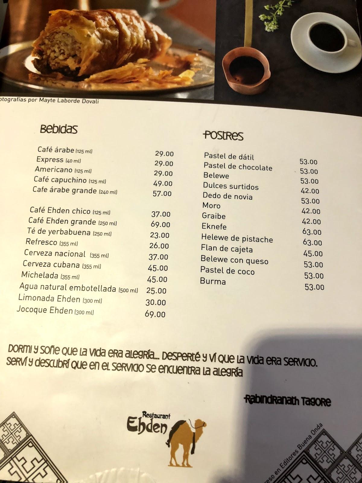 Menu at Restaurante Ehden, Mexico, Venustiano Carranza