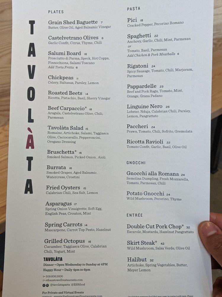 Menu at Tavolàta Spokane restaurant, Spokane