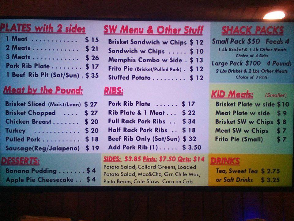 Menu at The Shack, BBQ, Lubbock, N Frankford Ave